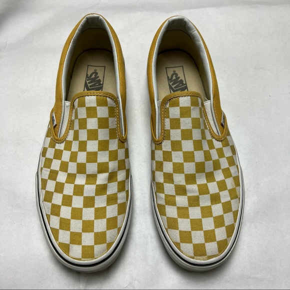 Shoes | Vintage Mustard Yellow Checkered Vans Slip Ons Size Mens 11 ...